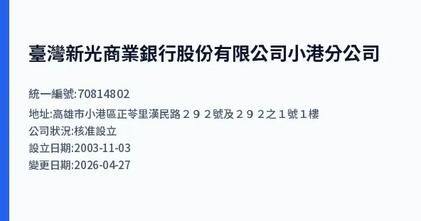 臺灣新光商業銀行股份有限公司小港分公司的照片-統編 70814802(高雄市) 公司登記資料與營業項目詳細圖表