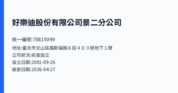 好樂迪股份有限公司景二分公司的照片-統編 70815099(臺北市) 公司登記資料與營業項目詳細圖表