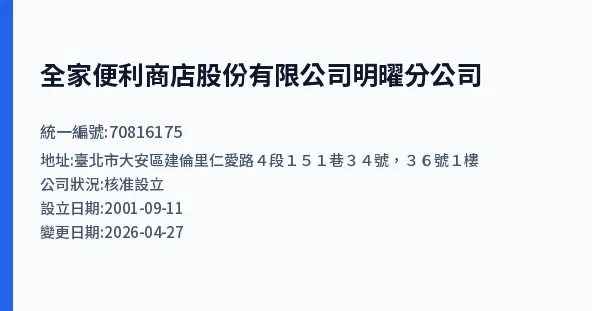全家便利商店股份有限公司明曜分公司的照片-統編 70816175(臺北市) 公司登記資料與營業項目詳細圖表