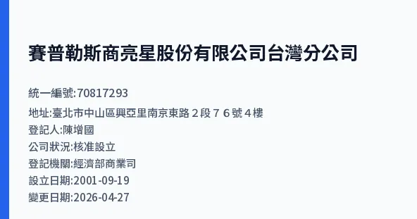 賽普勒斯商亮星股份有限公司台灣分公司的照片-統編 70817293(臺北市) 公司登記資料與營業項目詳細圖表