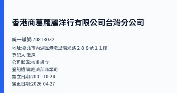 香港商葛蘿麗洋行有限公司台灣分公司的照片-統編 70818032(臺北市) 公司登記資料與營業項目詳細圖表