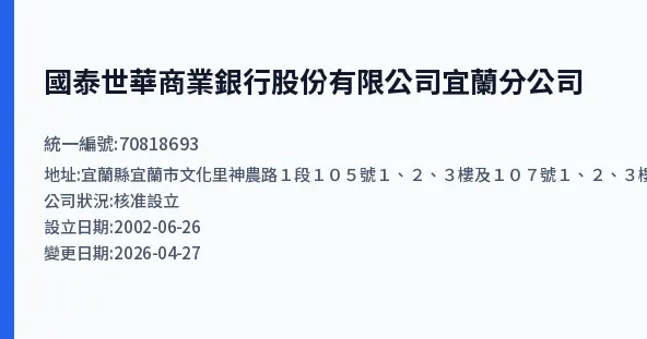 國泰世華商業銀行股份有限公司宜蘭分公司的照片-統編 70818693(宜蘭縣) 公司登記資料與營業項目詳細圖表