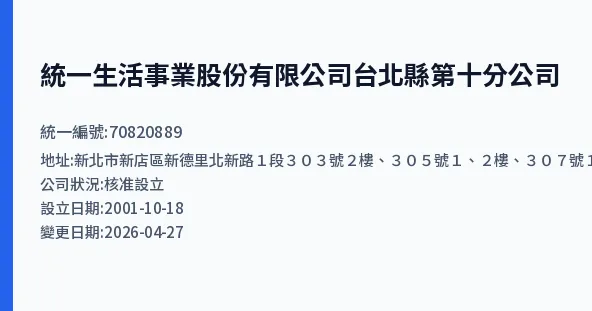 統一生活事業股份有限公司台北縣第十分公司的照片-統編 70820889(新北市) 公司登記資料與營業項目詳細圖表