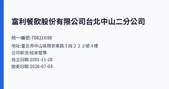 富利餐飲股份有限公司台北中山二分公司的照片-統編 70821698(臺北市) 公司登記資料與營業項目詳細圖表