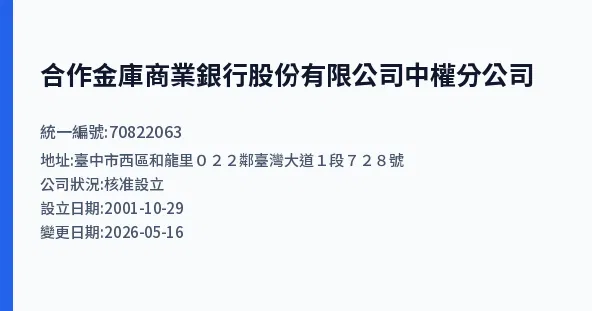合作金庫商業銀行股份有限公司中權分公司的照片-統編 70822063(臺中市) 公司登記資料與營業項目詳細圖表