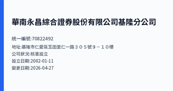 華南永昌綜合證券股份有限公司基隆分公司的照片-統編 70822492(基隆市) 公司登記資料與營業項目詳細圖表