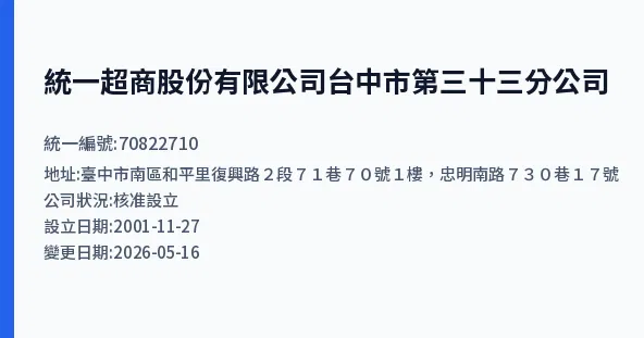 統一超商股份有限公司台中市第三十三分公司的照片-統編 70822710(臺中市) 公司登記資料與營業項目詳細圖表