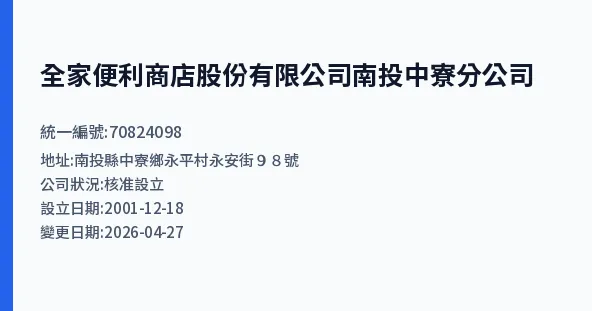全家便利商店股份有限公司南投中寮分公司的照片-統編 70824098(南投縣) 公司登記資料與營業項目詳細圖表