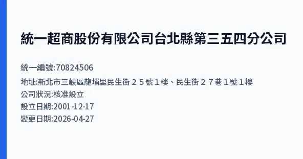 統一超商股份有限公司台北縣第三五四分公司的照片-統編 70824506(新北市) 公司登記資料與營業項目詳細圖表