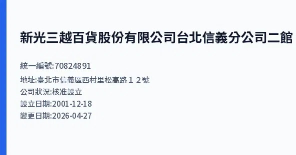 新光三越百貨股份有限公司台北信義分公司二館的照片-統編 70824891(臺北市) 公司登記資料與營業項目詳細圖表