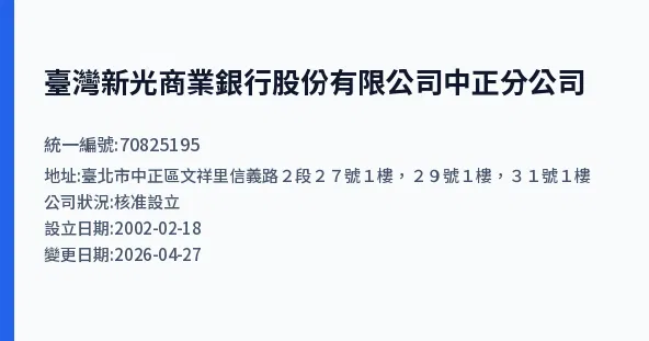 臺灣新光商業銀行股份有限公司中正分公司的照片-統編 70825195(臺北市) 公司登記資料與營業項目詳細圖表