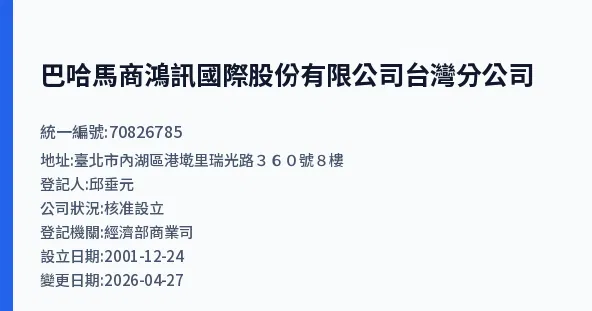 巴哈馬商鴻訊國際股份有限公司台灣分公司的照片-統編 70826785(臺北市) 公司登記資料與營業項目詳細圖表