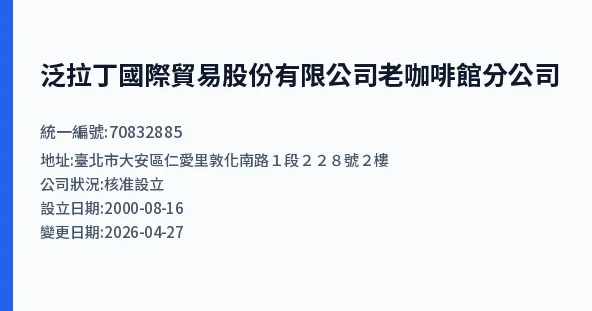 泛拉丁國際貿易股份有限公司老咖啡館分公司的照片-統編 70832885(臺北市) 公司登記資料與營業項目詳細圖表