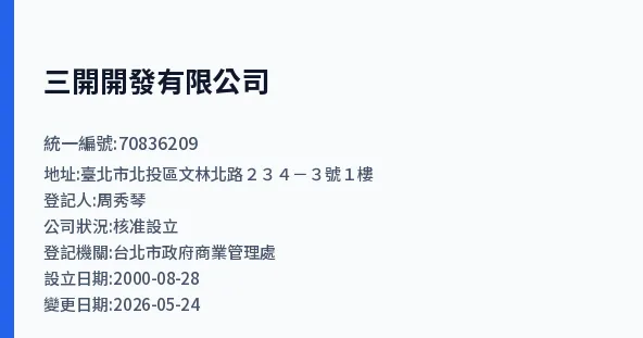 三開開發有限公司的照片-統編 70836209(臺北市) 公司登記資料與營業項目詳細圖表