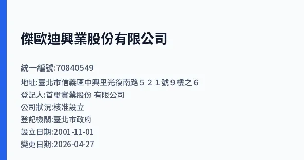 傑歐迪興業股份有限公司的照片-統編 70840549(臺北市) 公司登記資料與營業項目詳細圖表