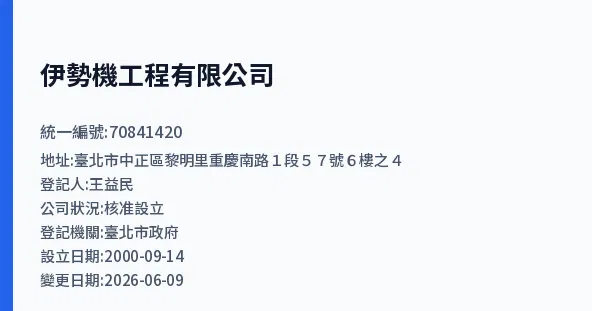 伊勢機工程有限公司的照片-統編 70841420(臺北市) 公司登記資料與營業項目詳細圖表