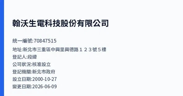 翰沃生電科技股份有限公司的照片-統編 70847515(新北市) 公司登記資料與營業項目詳細圖表