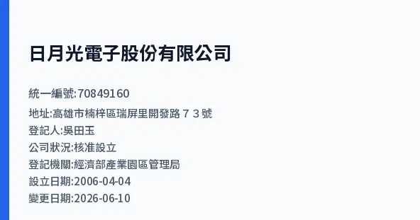 日月光電子股份有限公司的照片-統編 70849160(高雄市) 公司登記資料與營業項目詳細圖表