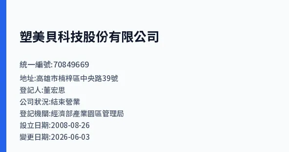 塑美貝科技股份有限公司的照片-統編 70849669(高雄市) 公司登記資料與營業項目詳細圖表