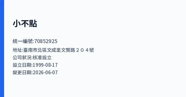小不點的照片-統編 70852925(臺南市) 公司登記資料與營業項目詳細圖表