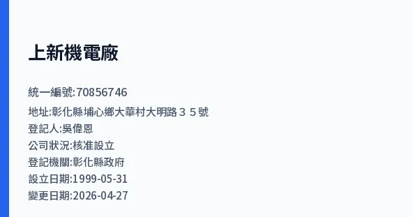 上新機電廠的照片-統編 70856746(彰化縣) 公司登記資料與營業項目詳細圖表