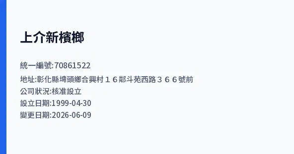上介新檳榔的照片-統編 70861522(彰化縣) 公司登記資料與營業項目詳細圖表