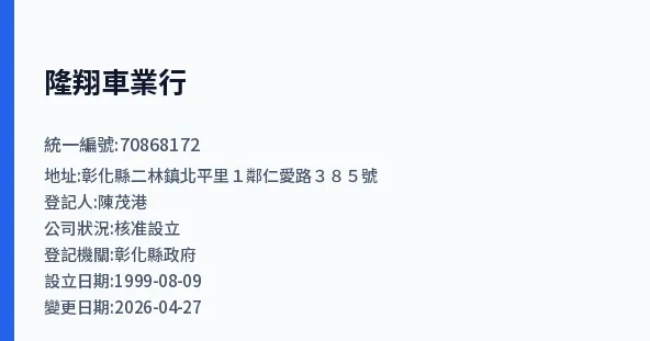 隆翔車業行的照片-統編 70868172(彰化縣) 公司登記資料與營業項目詳細圖表