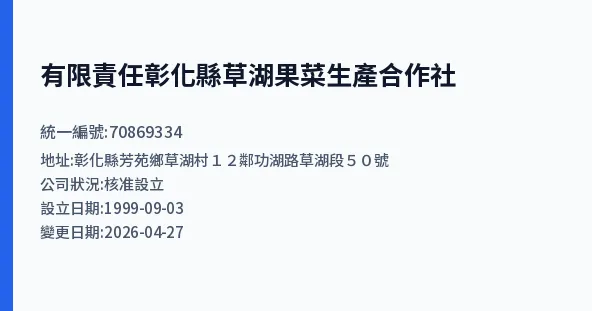 有限責任彰化縣草湖果菜生產合作社的照片-統編 70869334(彰化縣) 公司登記資料與營業項目詳細圖表
