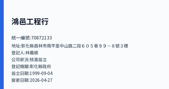 鴻邑工程行的照片-統編 70872133(彰化縣) 公司登記資料與營業項目詳細圖表