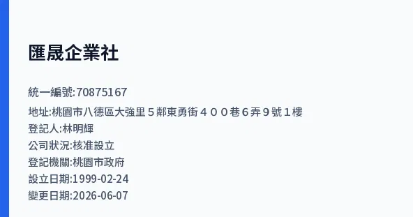 匯晟企業社的照片-統編 70875167(桃園市) 公司登記資料與營業項目詳細圖表