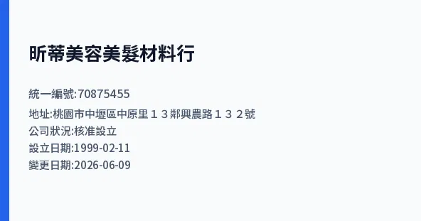 昕蒂美容美髮材料行的照片-統編 70875455(桃園市) 公司登記資料與營業項目詳細圖表