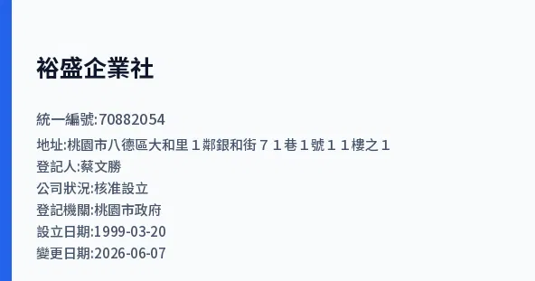 裕盛企業社的照片-統編 70882054(桃園市) 公司登記資料與營業項目詳細圖表