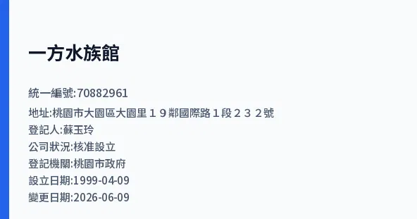 一方水族館的照片-統編 70882961(桃園市) 公司登記資料與營業項目詳細圖表