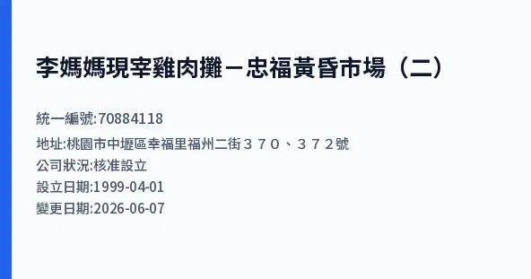 李媽媽現宰雞肉攤-忠福黃昏市場(二)的照片-統編 70884118(桃園市) 公司登記資料與營業項目詳細圖表