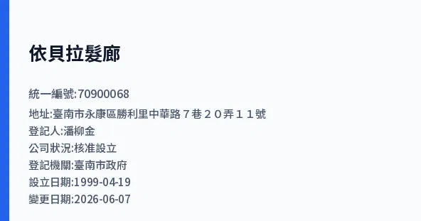 依貝拉髮廊的照片-統編 70900068(臺南市) 公司登記資料與營業項目詳細圖表