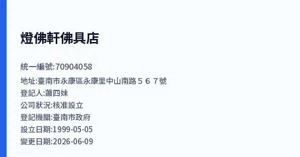 燈佛軒佛具店的照片-統編 70904058(臺南市) 公司登記資料與營業項目詳細圖表