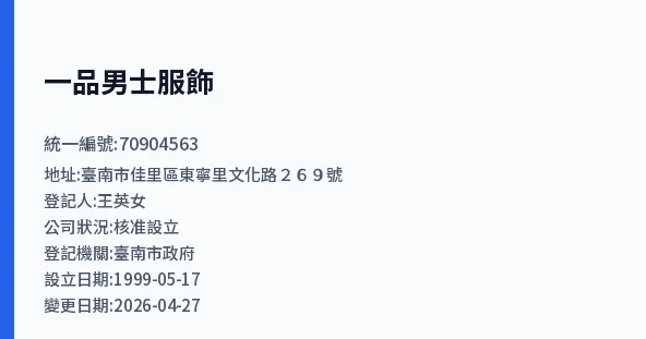 一品男士服飾的照片-統編 70904563(臺南市) 公司登記資料與營業項目詳細圖表
