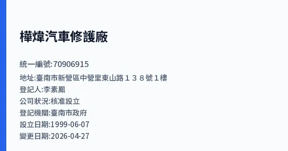 樺煒汽車修護廠的照片-統編 70906915(臺南市) 公司登記資料與營業項目詳細圖表