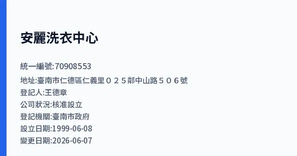 安麗洗衣中心的照片-統編 70908553(臺南市) 公司登記資料與營業項目詳細圖表
