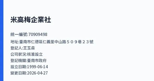 米高梅企業社的照片-統編 70909498(臺南市) 公司登記資料與營業項目詳細圖表