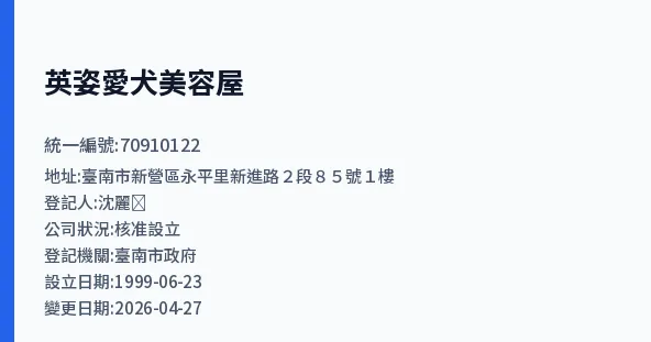 英姿愛犬美容屋的照片-統編 70910122(臺南市) 公司登記資料與營業項目詳細圖表