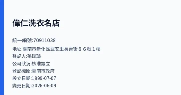 偉仁洗衣名店的照片-統編 70911038(臺南市) 公司登記資料與營業項目詳細圖表