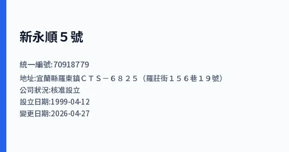 新永順5號的照片-統編 70918779(宜蘭縣) 公司登記資料與營業項目詳細圖表