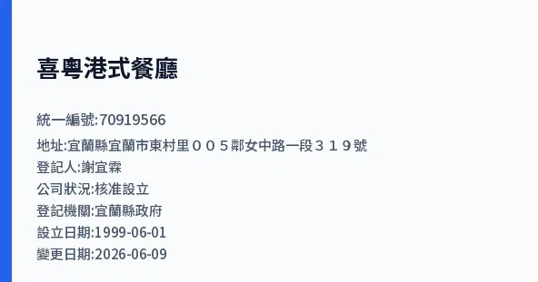 喜粵港式餐廳的照片-統編 70919566(宜蘭縣) 公司登記資料與營業項目詳細圖表