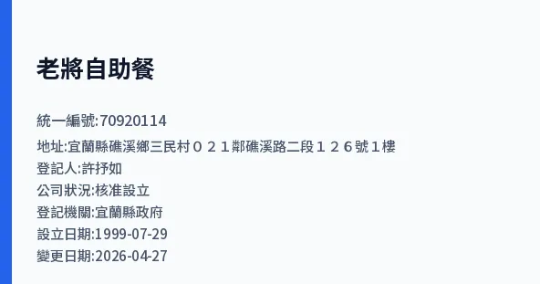 老將自助餐的照片-統編 70920114(宜蘭縣) 公司登記資料與營業項目詳細圖表