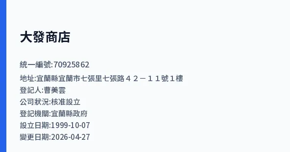 大發商店的照片-統編 70925862(宜蘭縣) 公司登記資料與營業項目詳細圖表