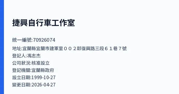 捷興自行車工作室的照片-統編 70926074(宜蘭縣) 公司登記資料與營業項目詳細圖表