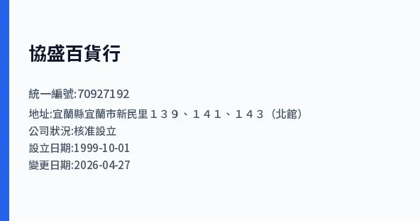 協盛百貨行的照片-統編 70927192(宜蘭縣) 公司登記資料與營業項目詳細圖表