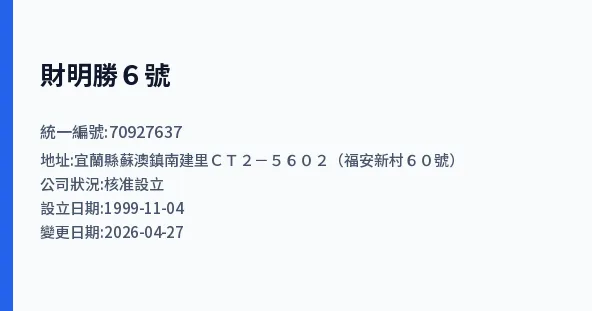 財明勝6號的照片-統編 70927637(宜蘭縣) 公司登記資料與營業項目詳細圖表