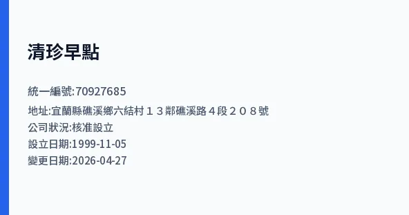 清珍早點的照片-統編 70927685(宜蘭縣) 公司登記資料與營業項目詳細圖表